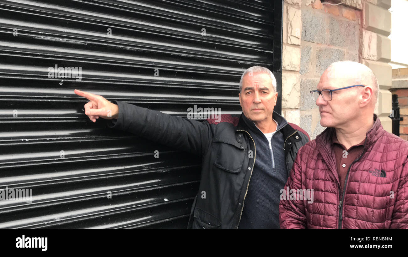 West Belfast MP Paul Maskey (right) and Sinn Fein MLA Pat Sheehan point ...