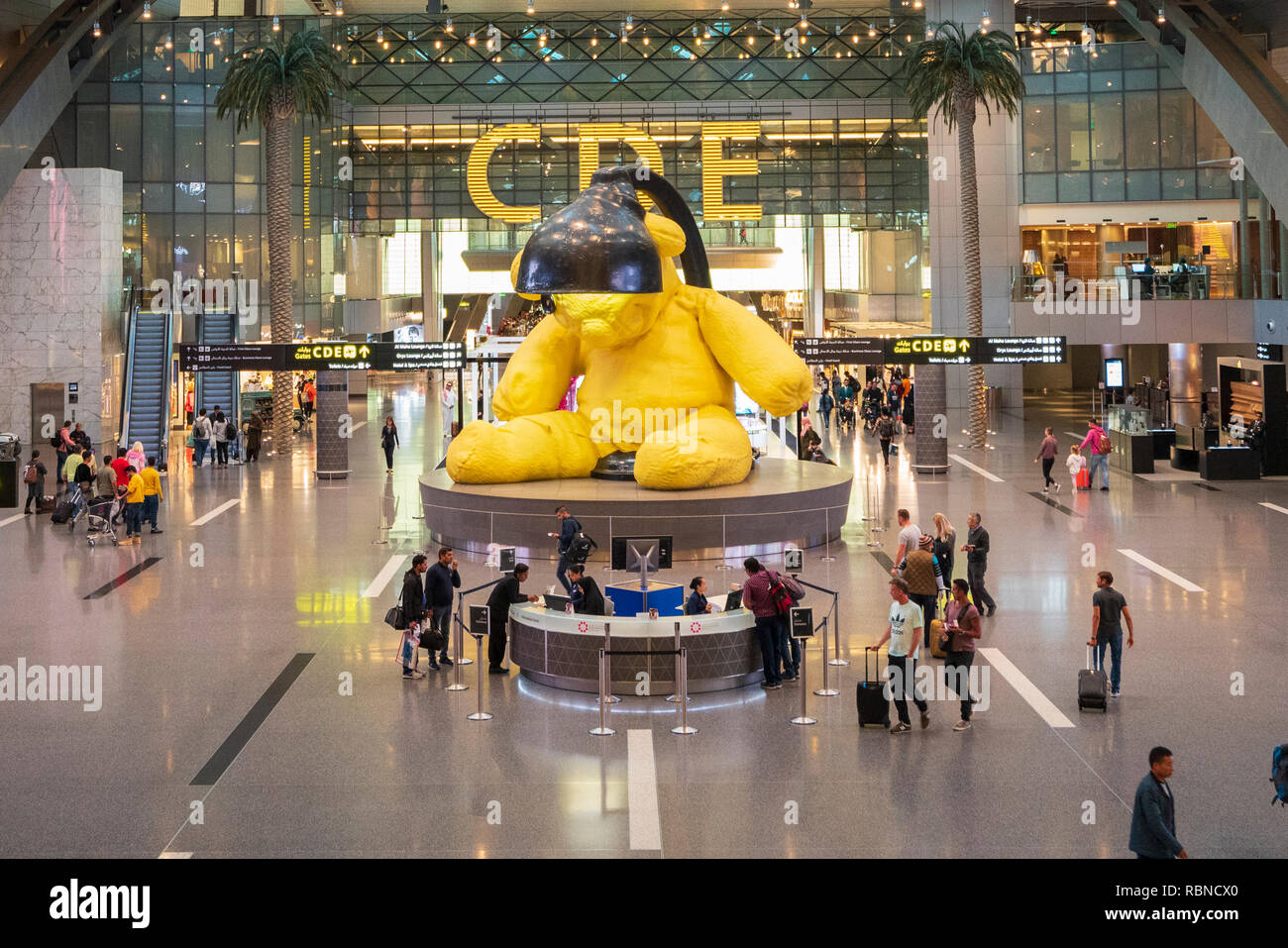 View of large sculpture in terminal building of new Hamad International ...