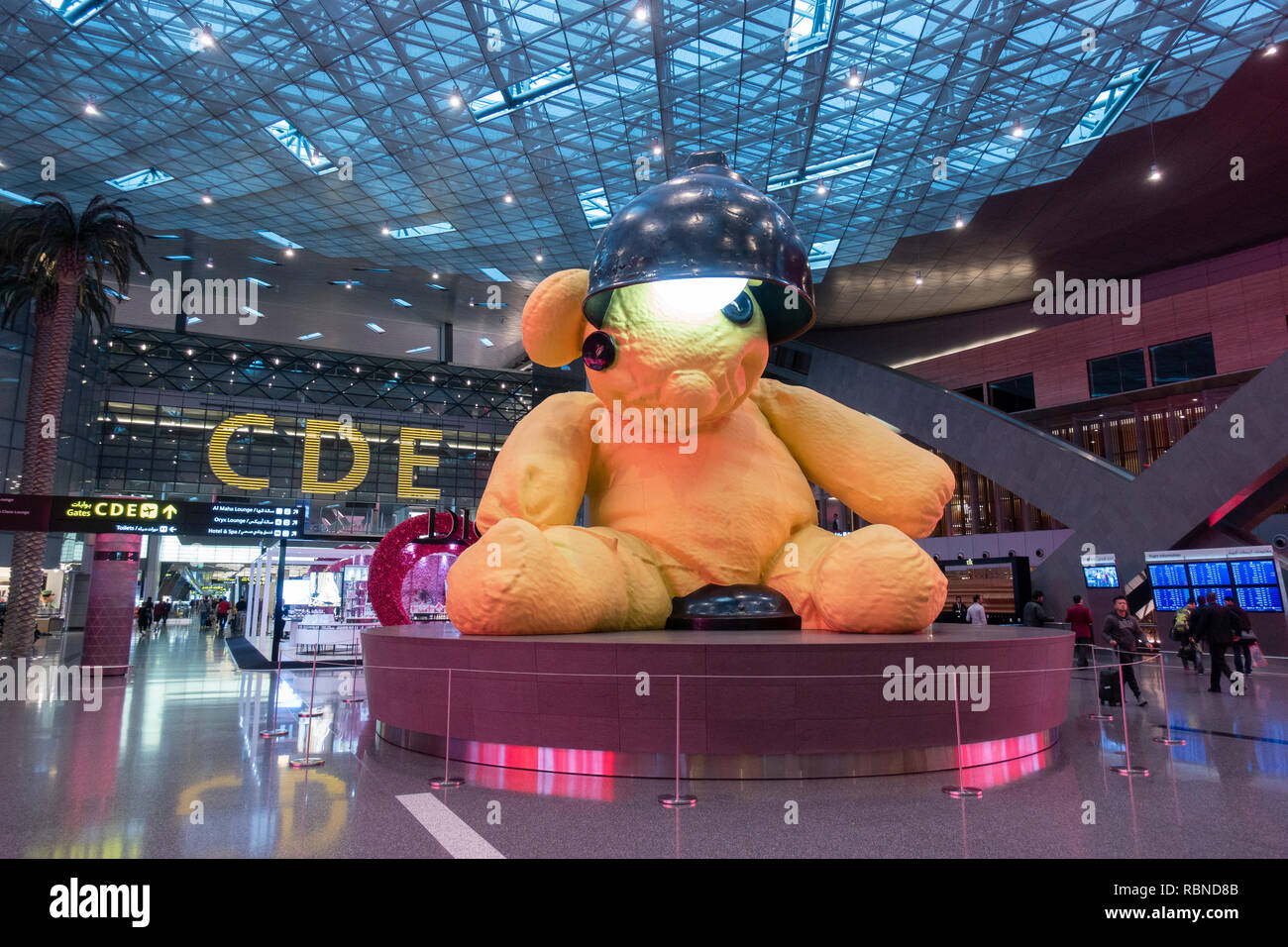 View of large sculpture in terminal building of new Hamad International ...