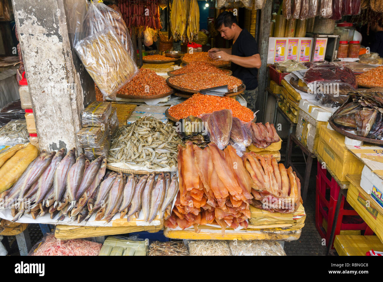stand of dried fish and dried shrimp in the Central Market in Phnom ...