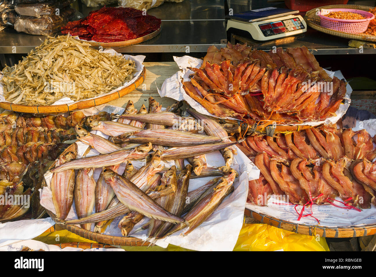 stand of dried fish in the Central Market in Phnom Penh, Cambodia Stock ...