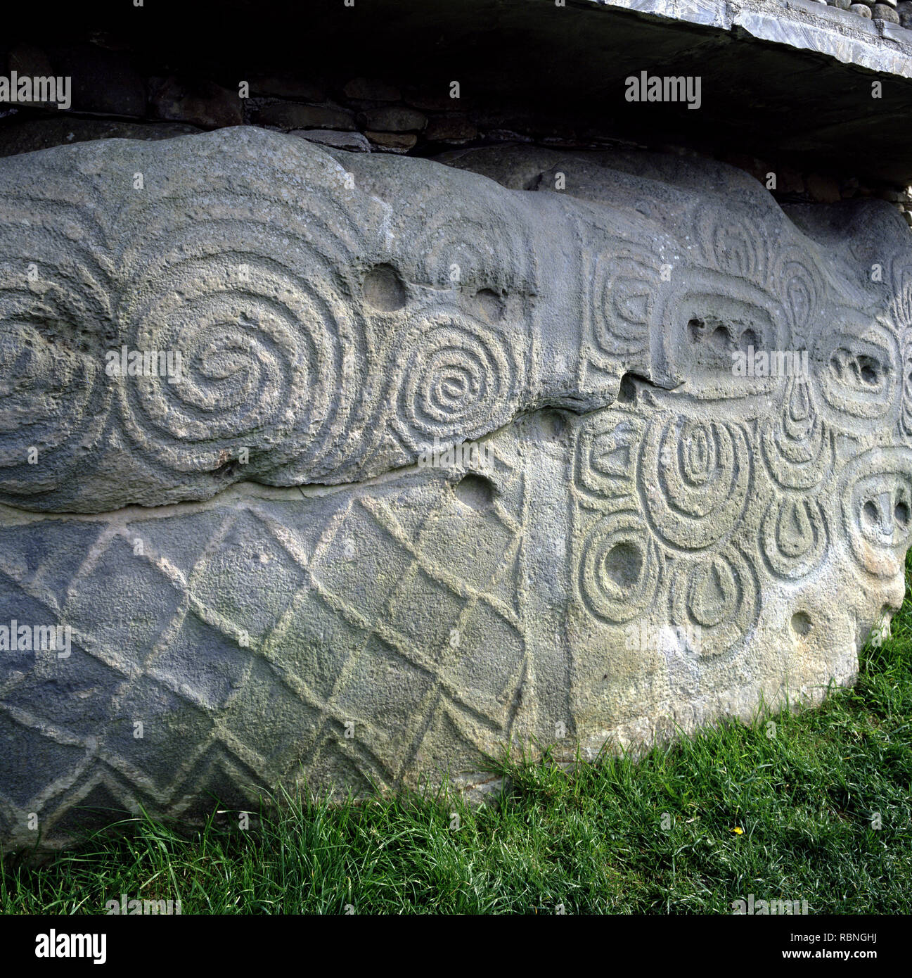 Stone Carvings at Newgrange world Heritage site county Meath Ireland ...