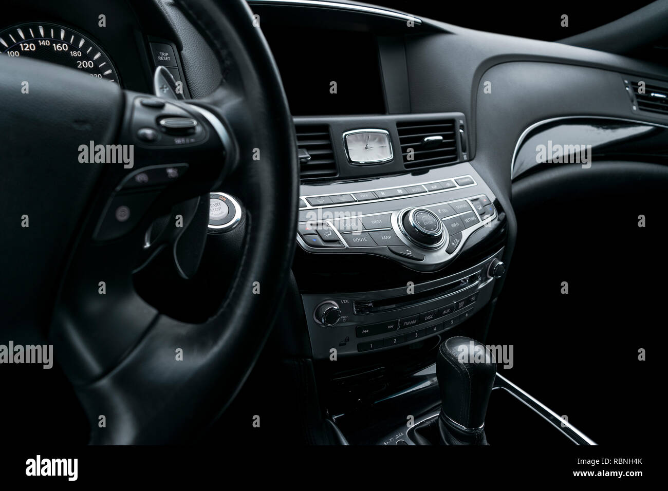 Luxury car inside. Interior of prestige modern car. Automatic gear ...