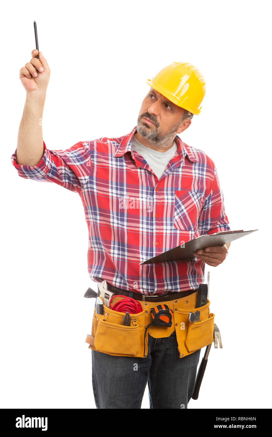 Male builder indicating upwards with pen as planning gesture isolated ...