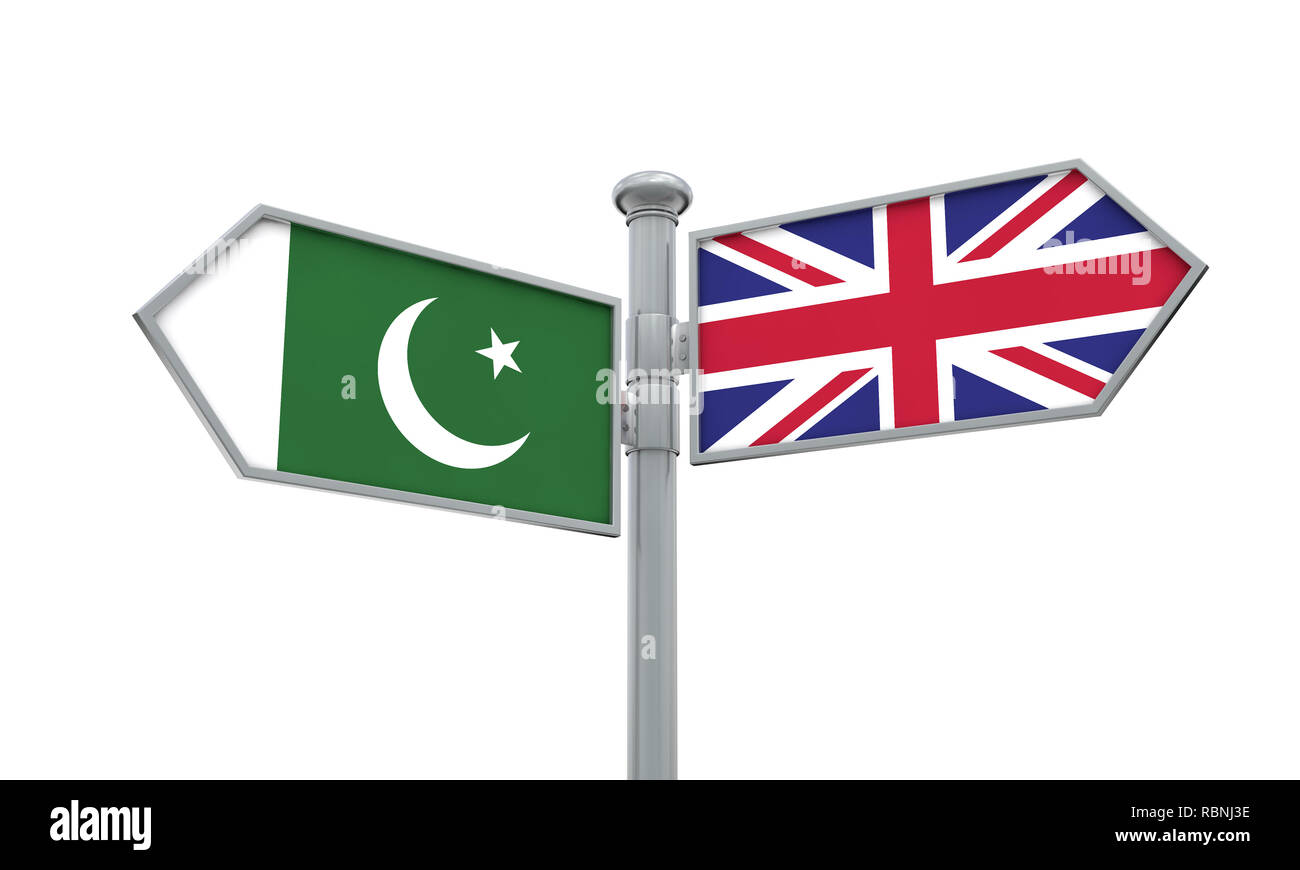 Pakistan and United Kingdom guidepost. Moving in different directions ...
