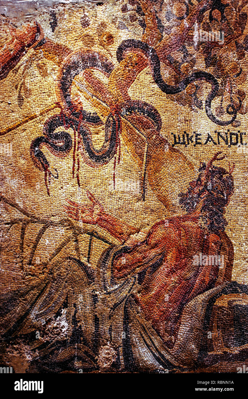 Mosaic of the birth of Hercules. Museum Khan Murat Basha. Maarat al ...