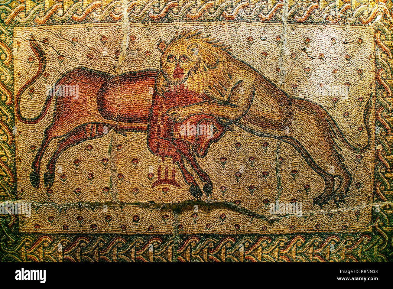 Mosaic of a lion with a bull. Museum Khan Murat Basha. Maarat al-Nouman ...