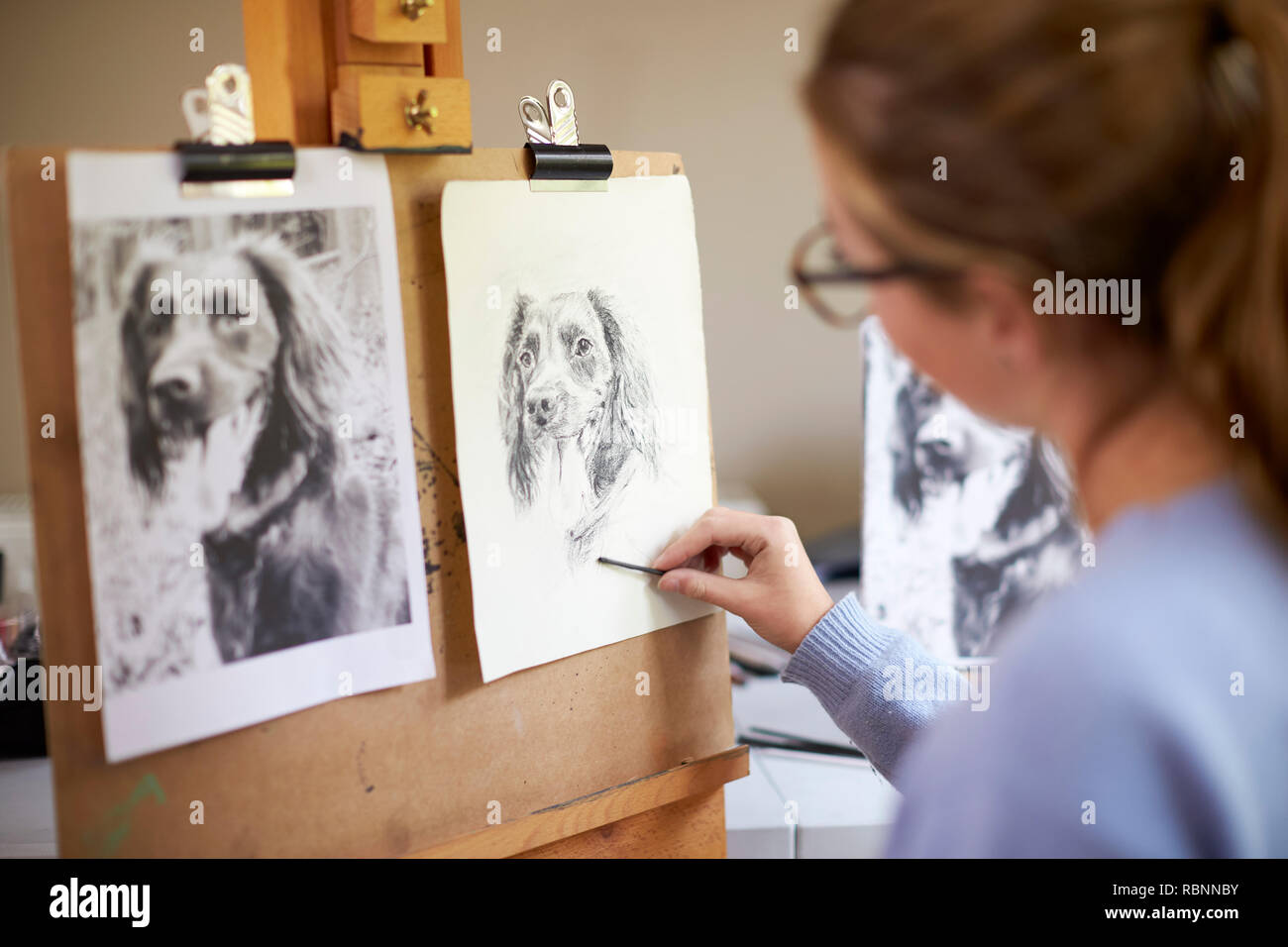 Rear View Of Female Teenage Artist Sitting At Easel Drawing Picture Of ...
