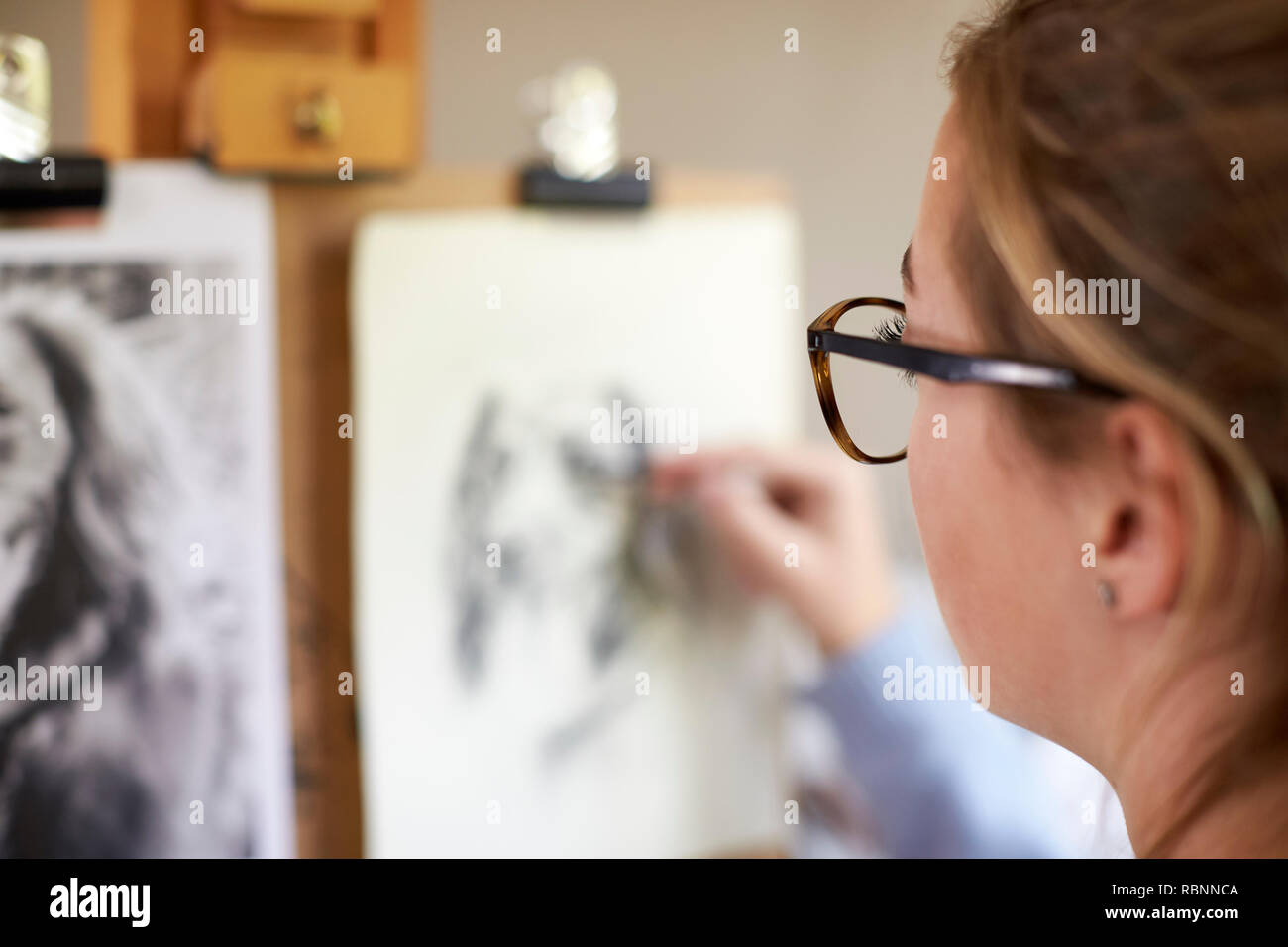 Side View Of Female Teenage Artist Sitting At Easel Drawing Picture Of ...