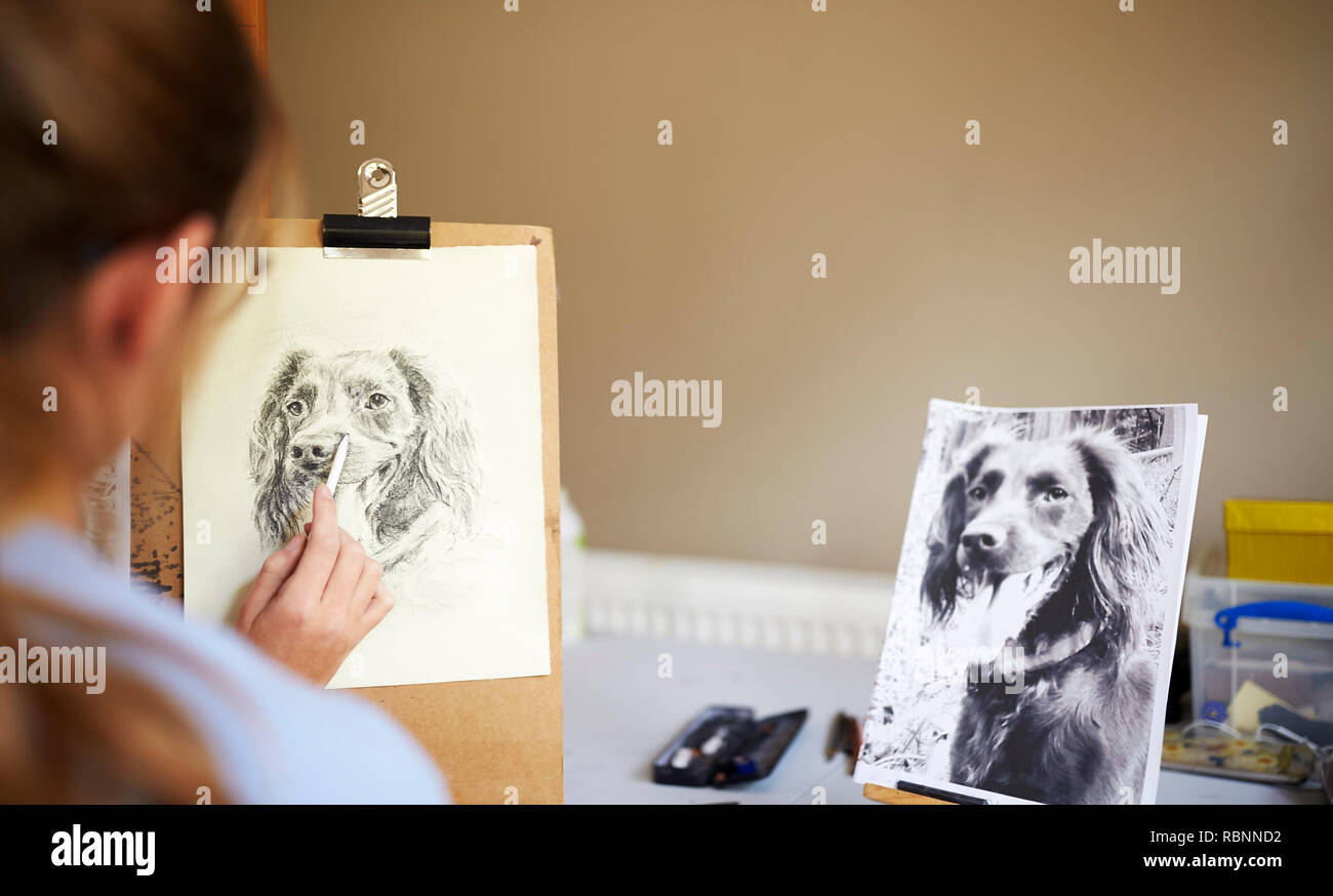 Rear View Of Female Teenage Artist Sitting At Easel Drawing Picture Of ...