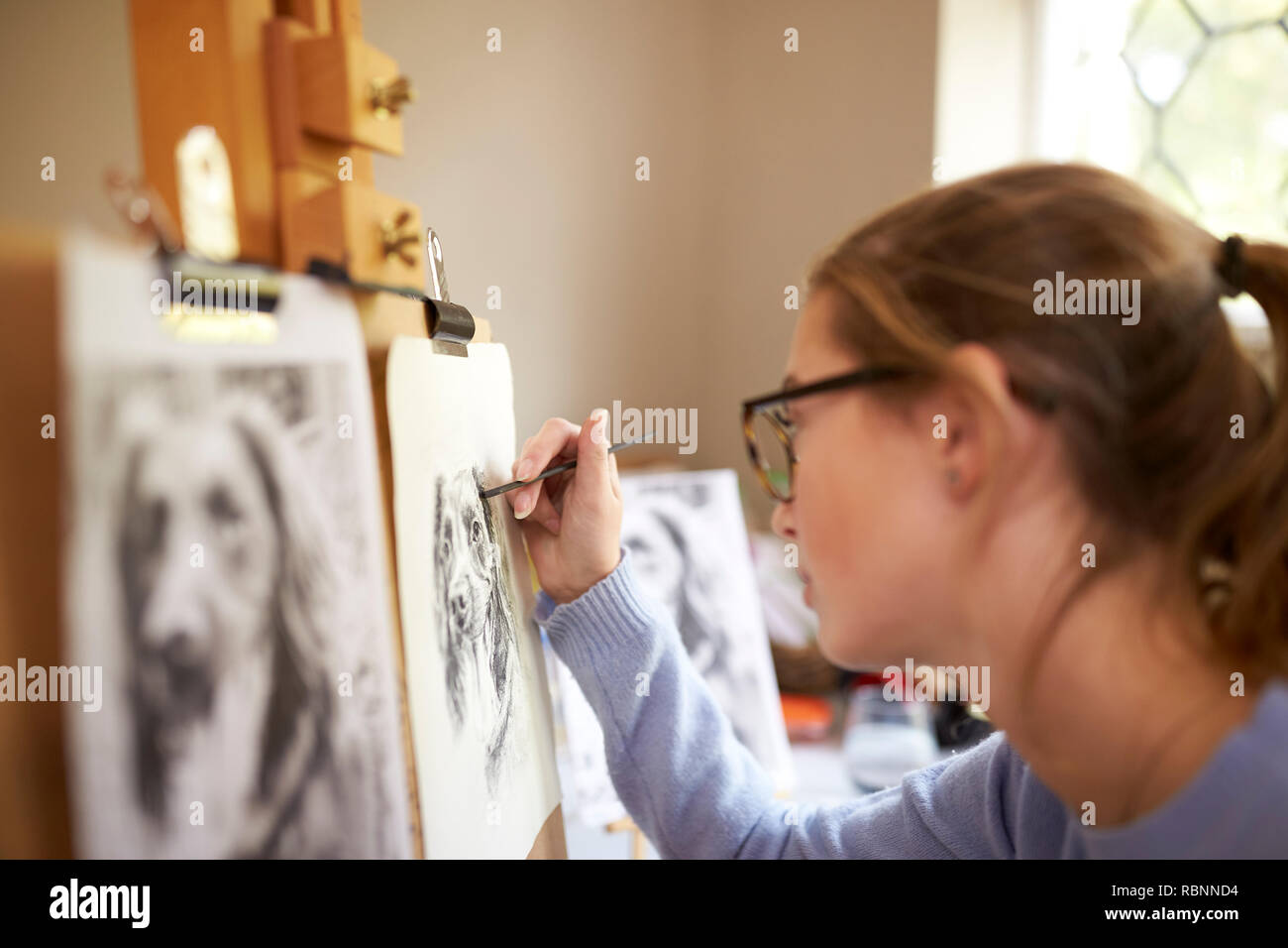 Side View Of Female Teenage Artist Sitting At Easel Drawing Picture Of ...