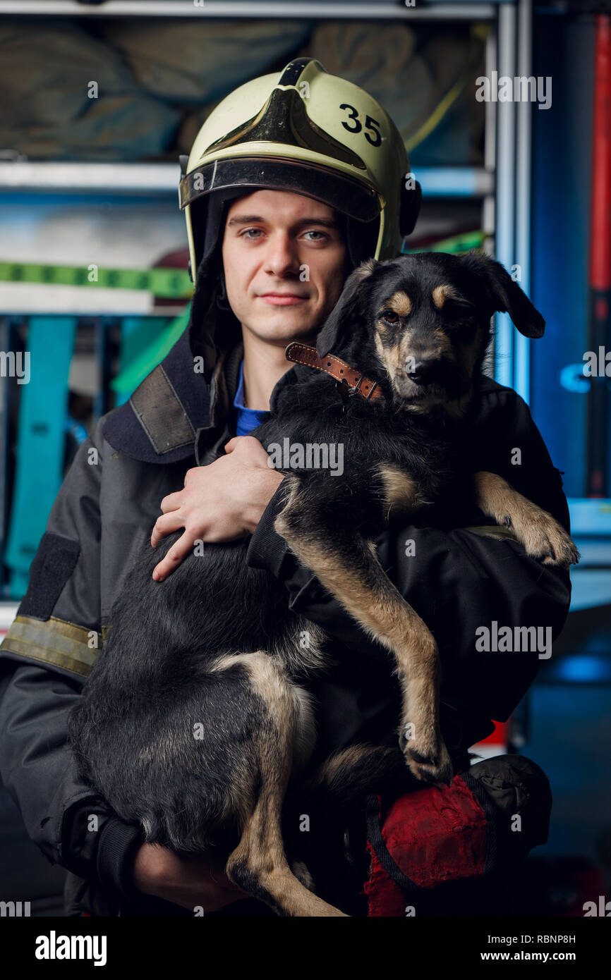 Image of happy fireman in helmet with dog on background Stock Photo - Alamy