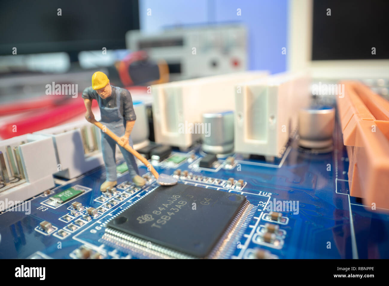 Miniature repair man mainboard, Miniature worker team try to repair cpu ...