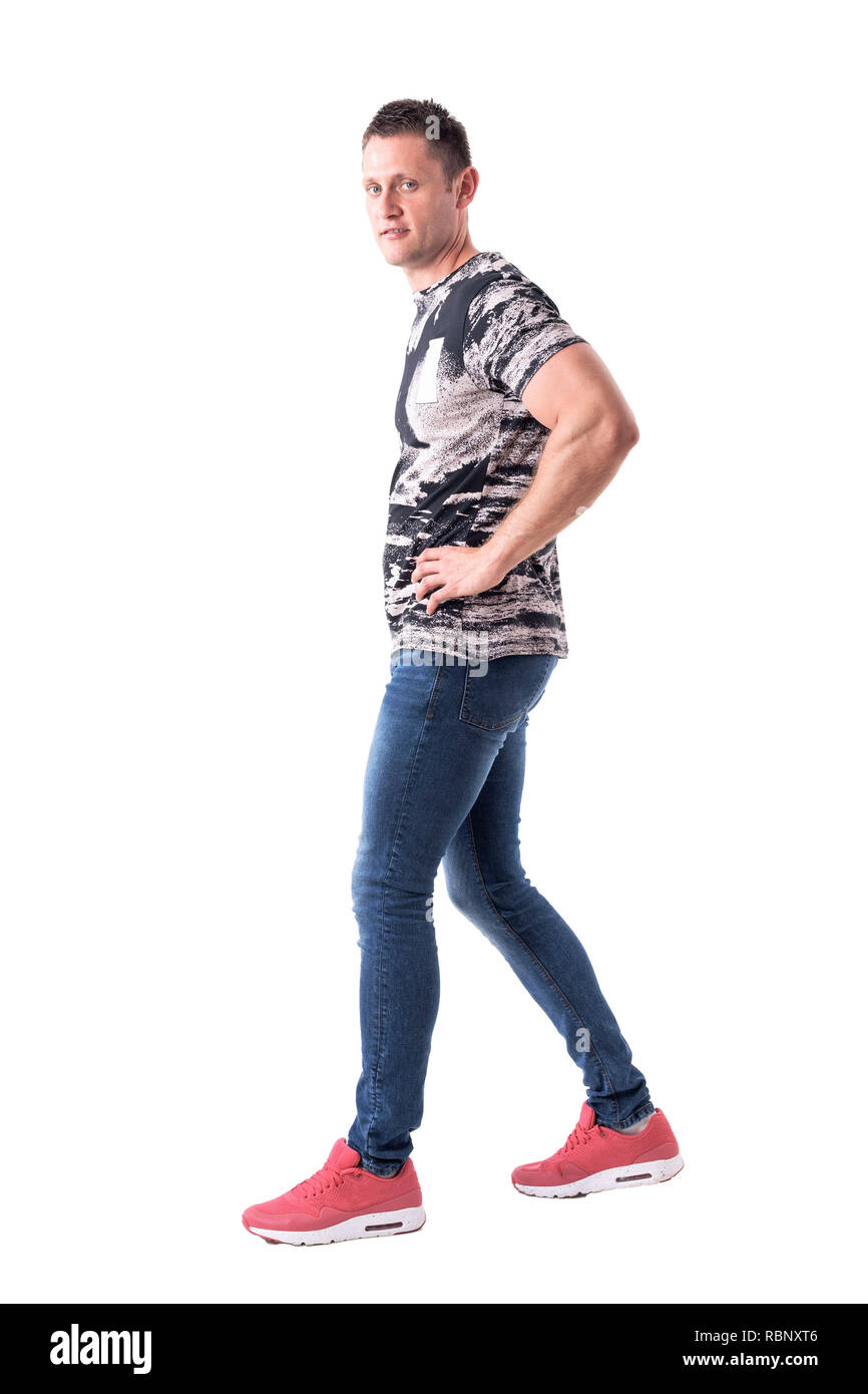 Man walking side view arms hi-res stock photography and images - Alamy