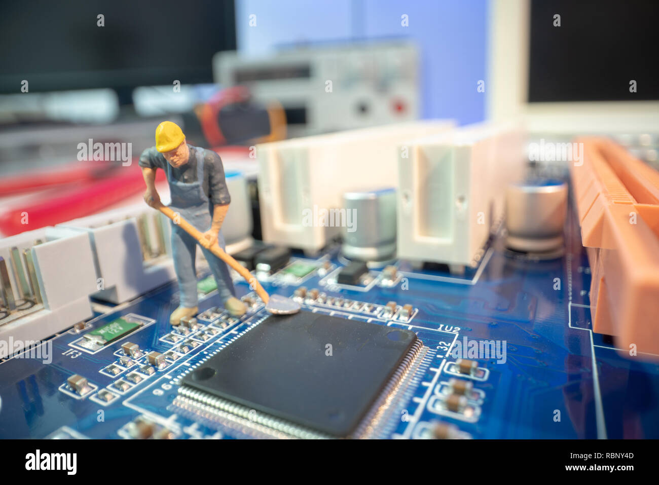 Miniature repair man mainboard, Miniature worker team try to repair cpu ...