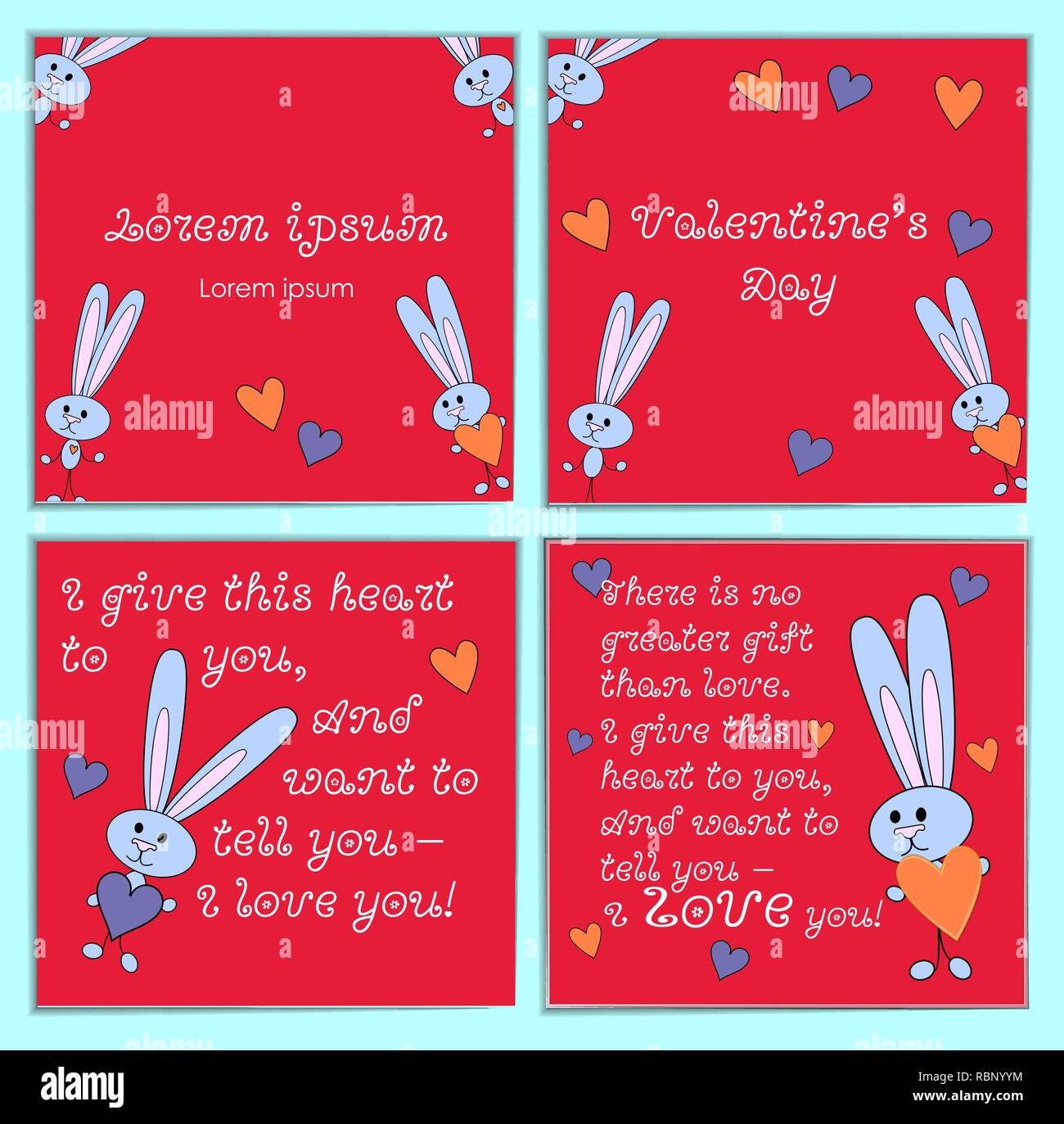 A set of cards with cartoon rabbits for Valentines Day. With holiday ...
