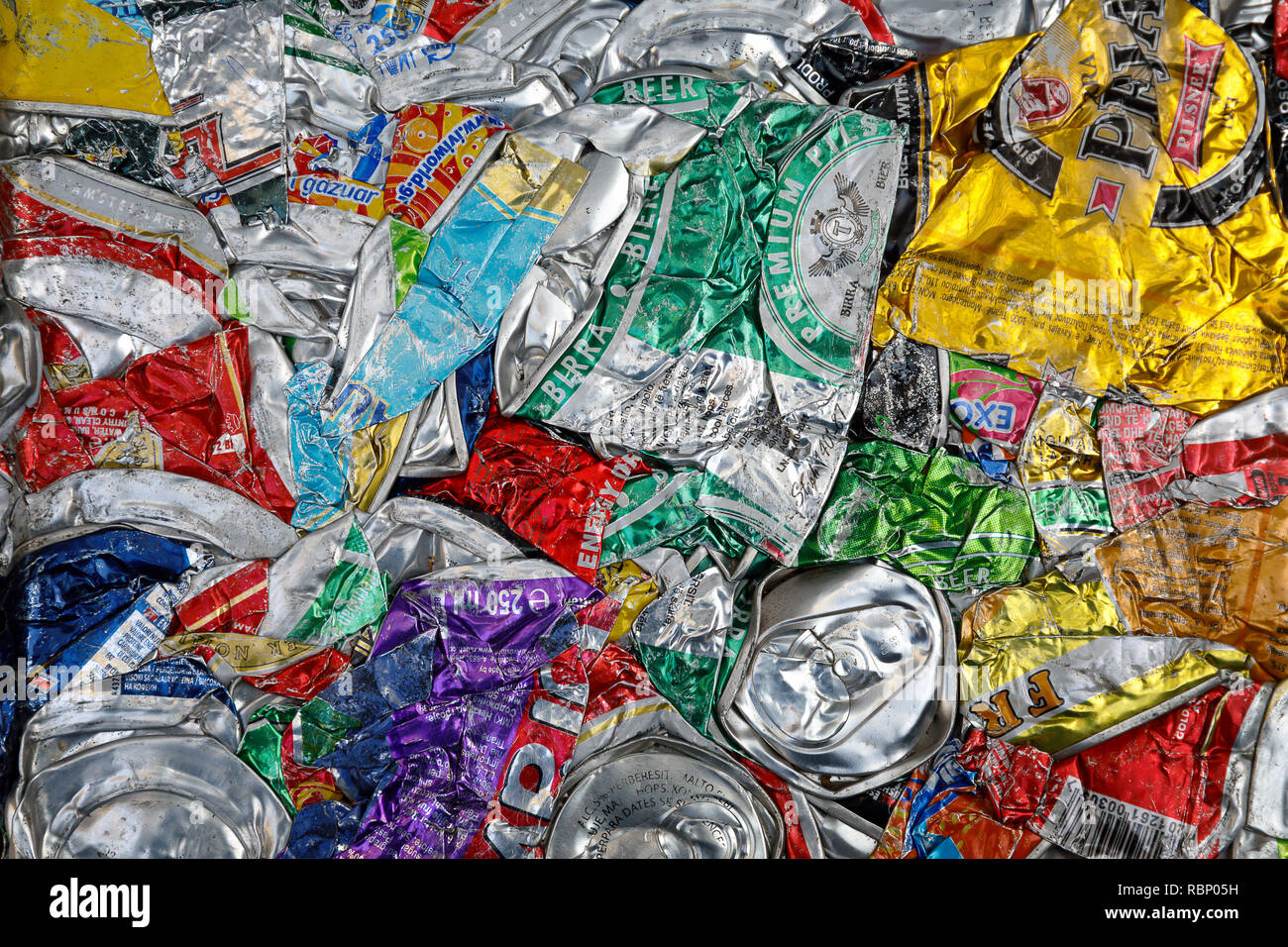 Naples, Italy - December 16, 2018: Beer cans compressed in a single ...