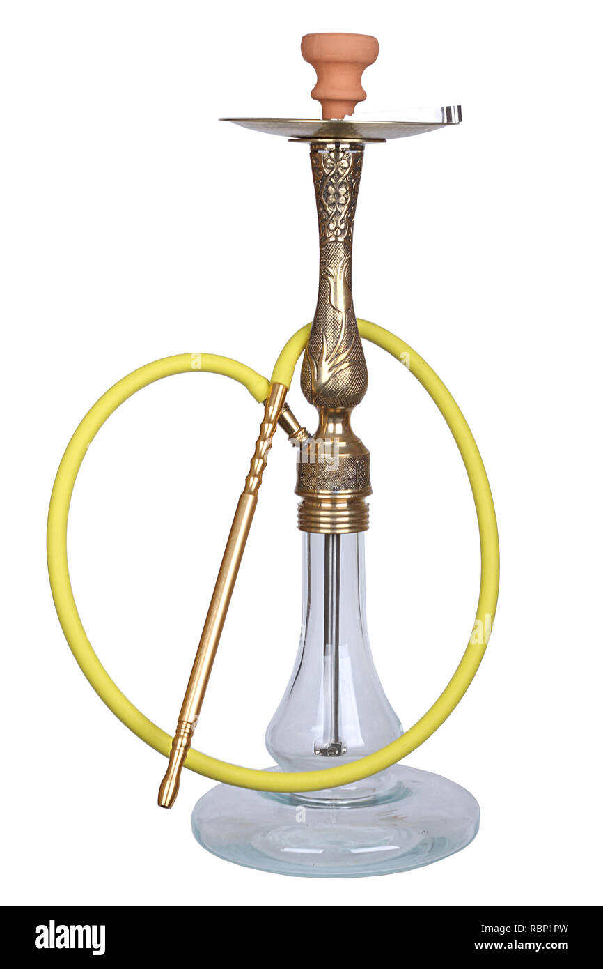 Tall glass elephant hookah with a bronze body and yellow hose and ...