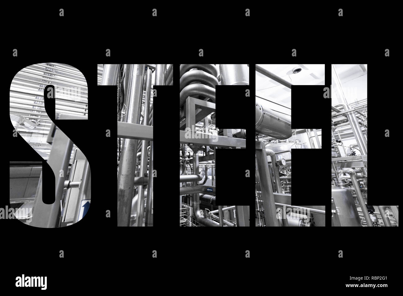 Word STEEL - concept with production in background, letters over the ...