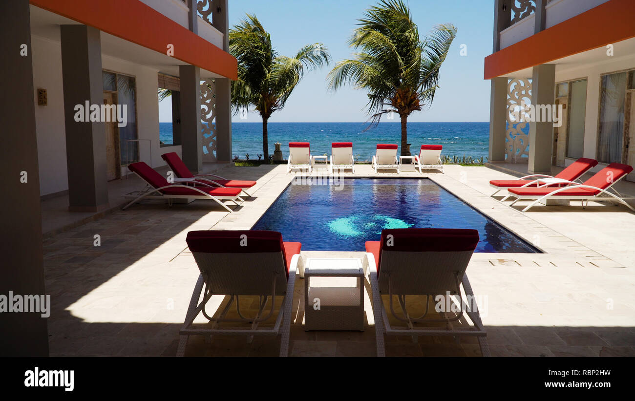 luxury hotel with swimming pool, sun beds, palm trees by sea. tropical ...