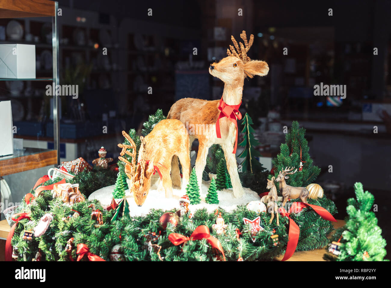 Two reindeers surrounded with Christmas decorations during winter ...