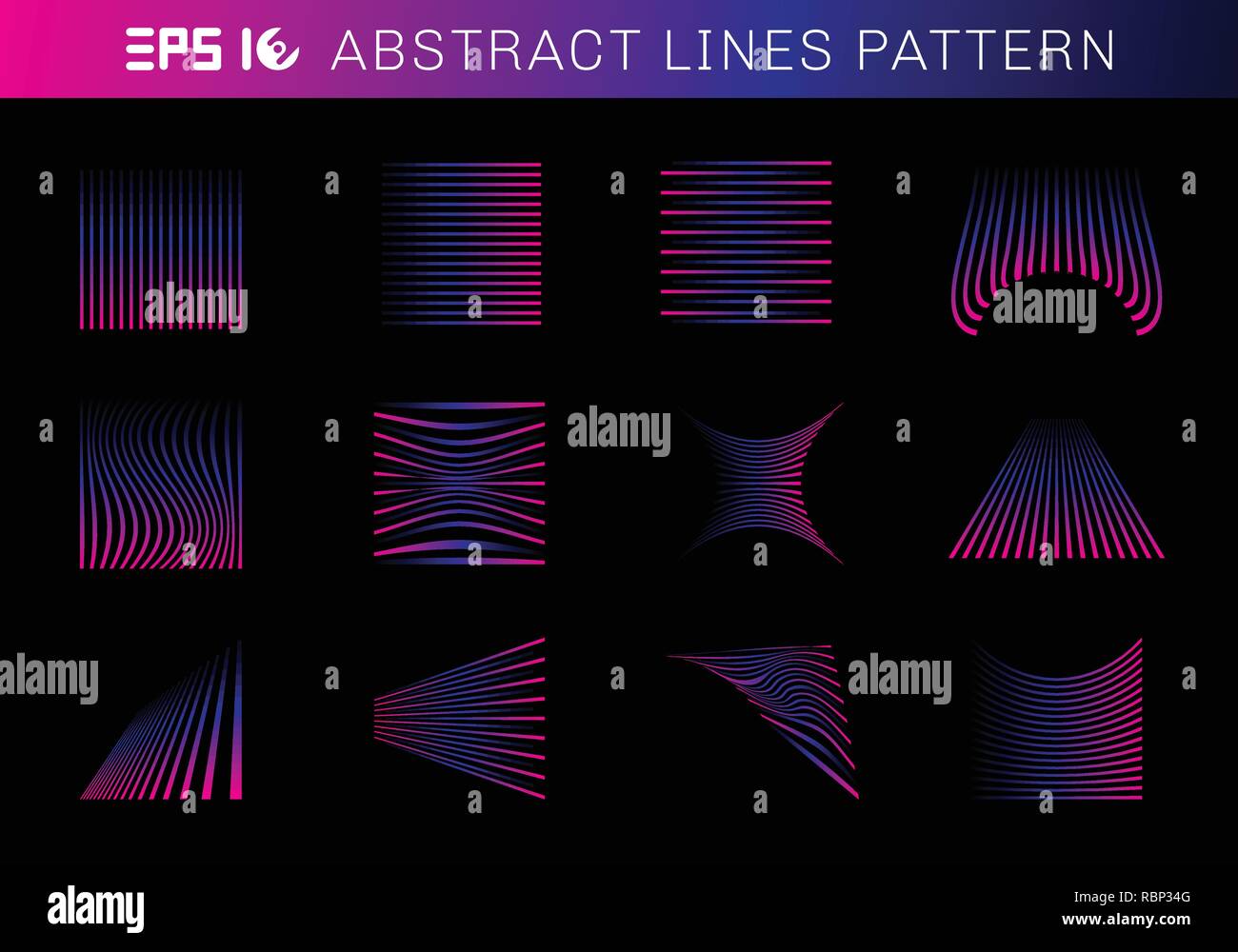 Set of abstract lines pattern elements blue and pink color on black ...