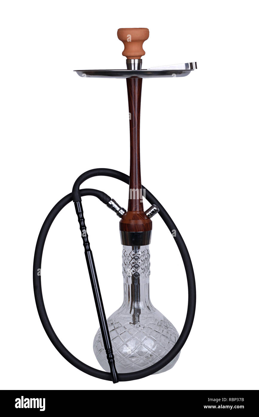 Elegant glass hookah with a brown coffee cup with a black pot and hose ...