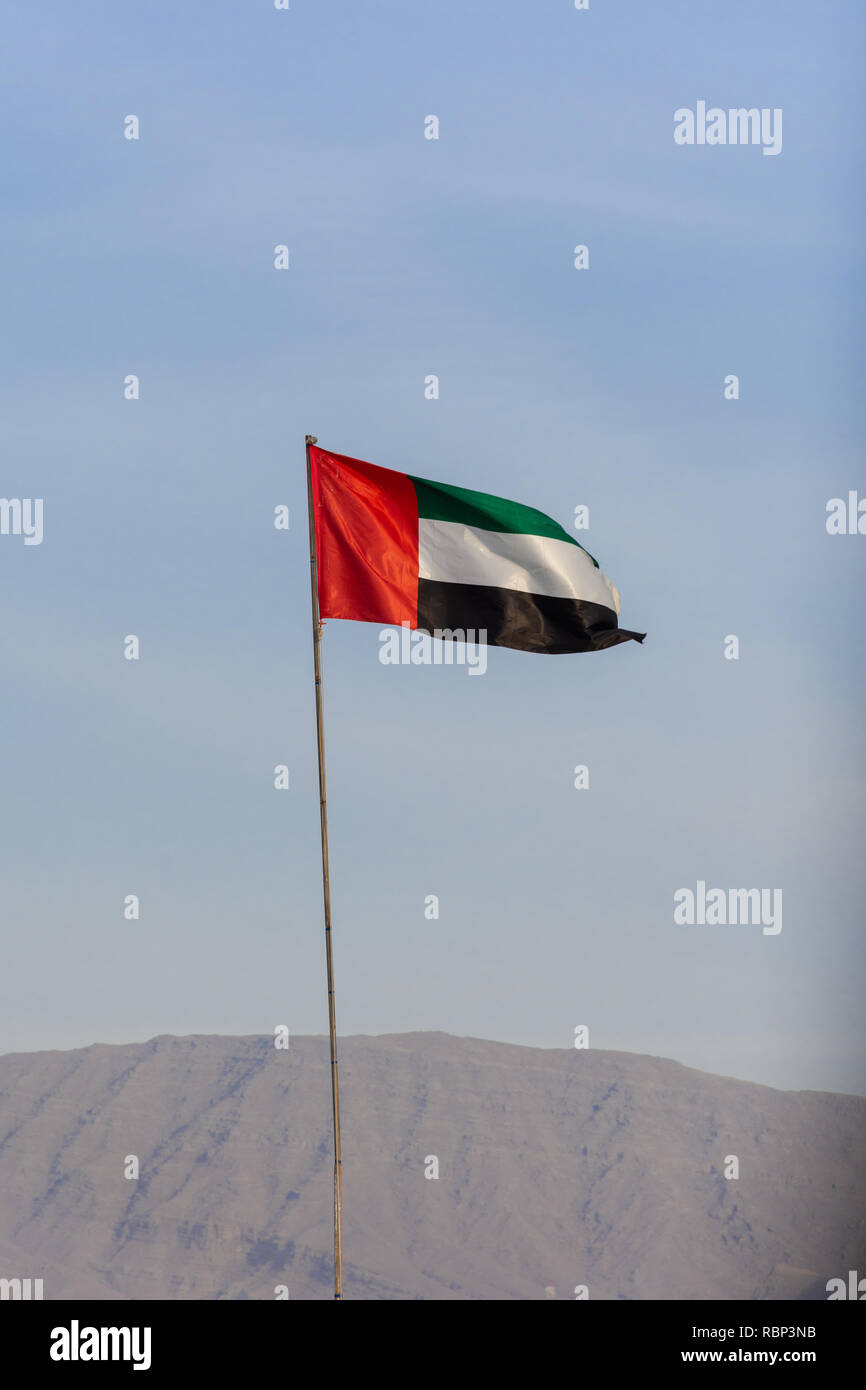 UAE flag blowing in the wind with a blue sky background in the bright ...