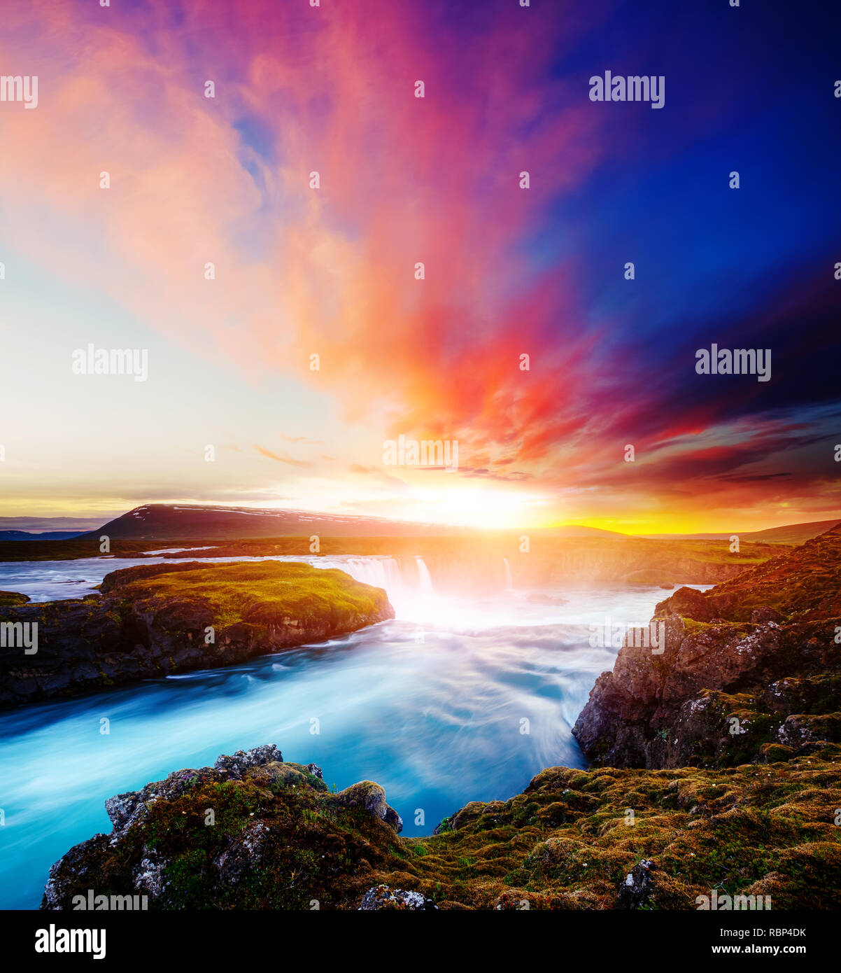 Great rapid flow of water powerful Godafoss cascade. Popular tourist ...