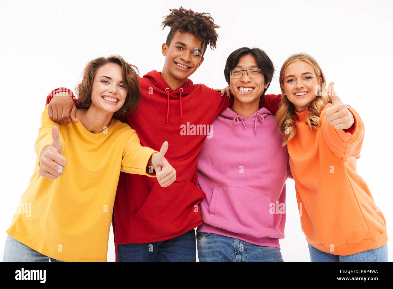 Group of cheerful multiracial friends standing isolated over white ...