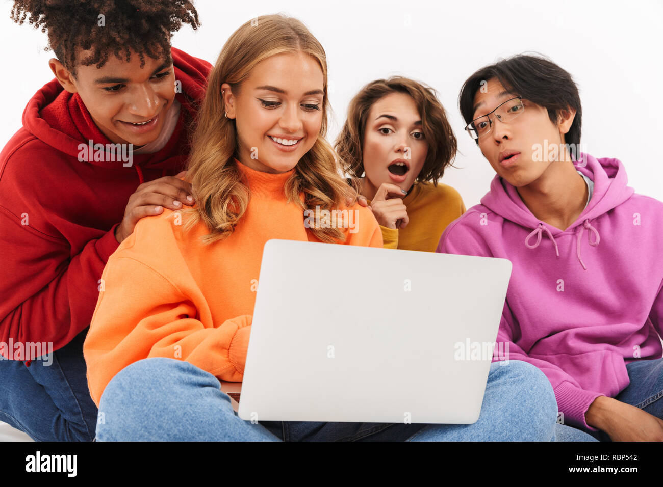 Image of young group of friends students isolated over white wall ...