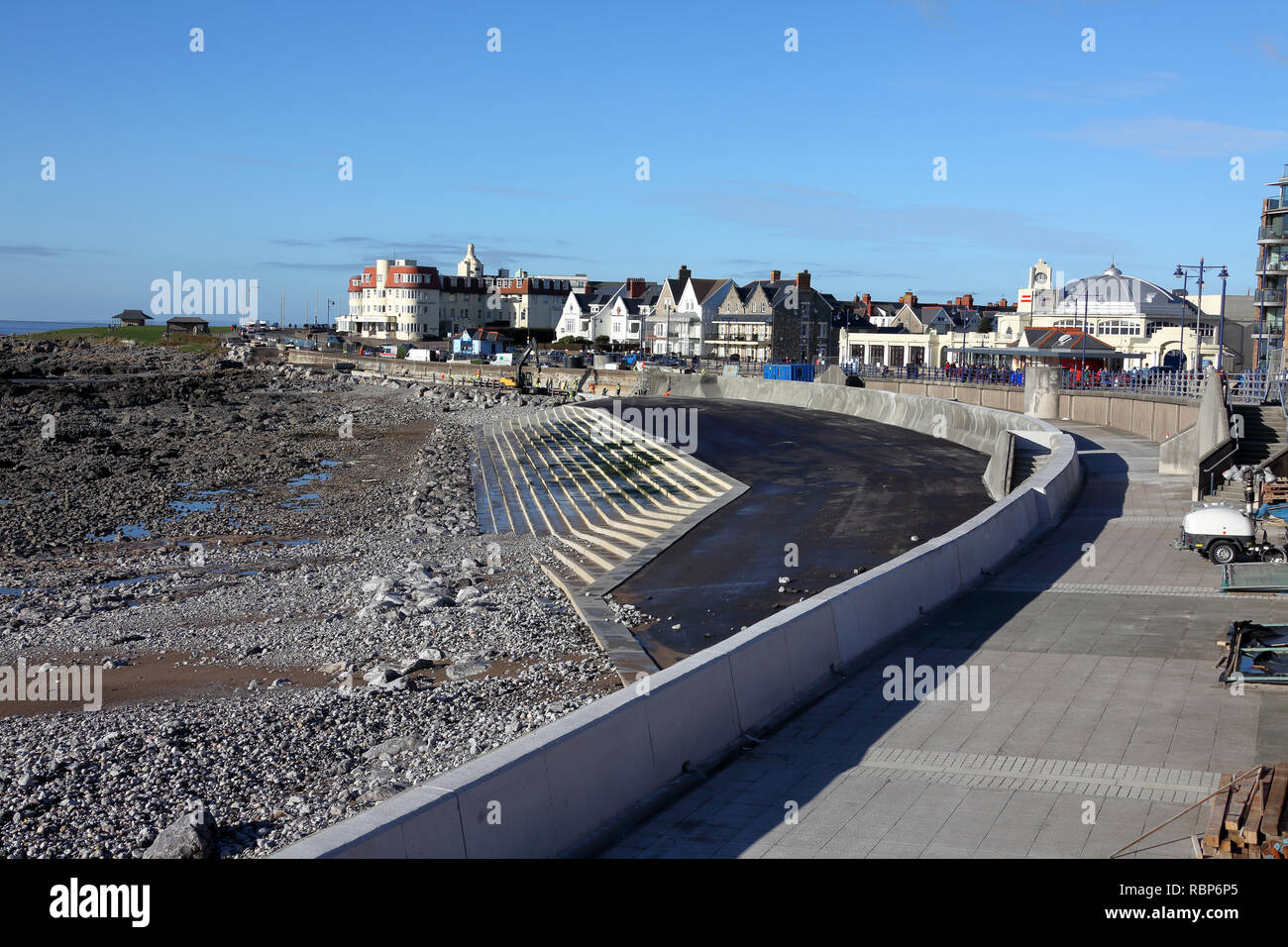 The town of Porthcawl with its new sea defences being built for ...