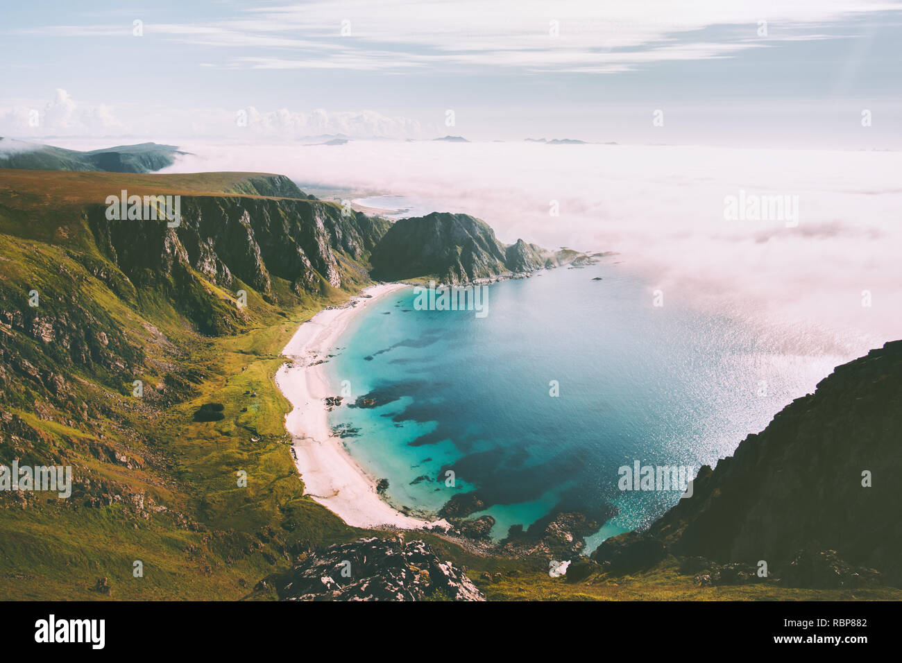 Sea beach landscape in Norway idyllic aerial view summer travel ...