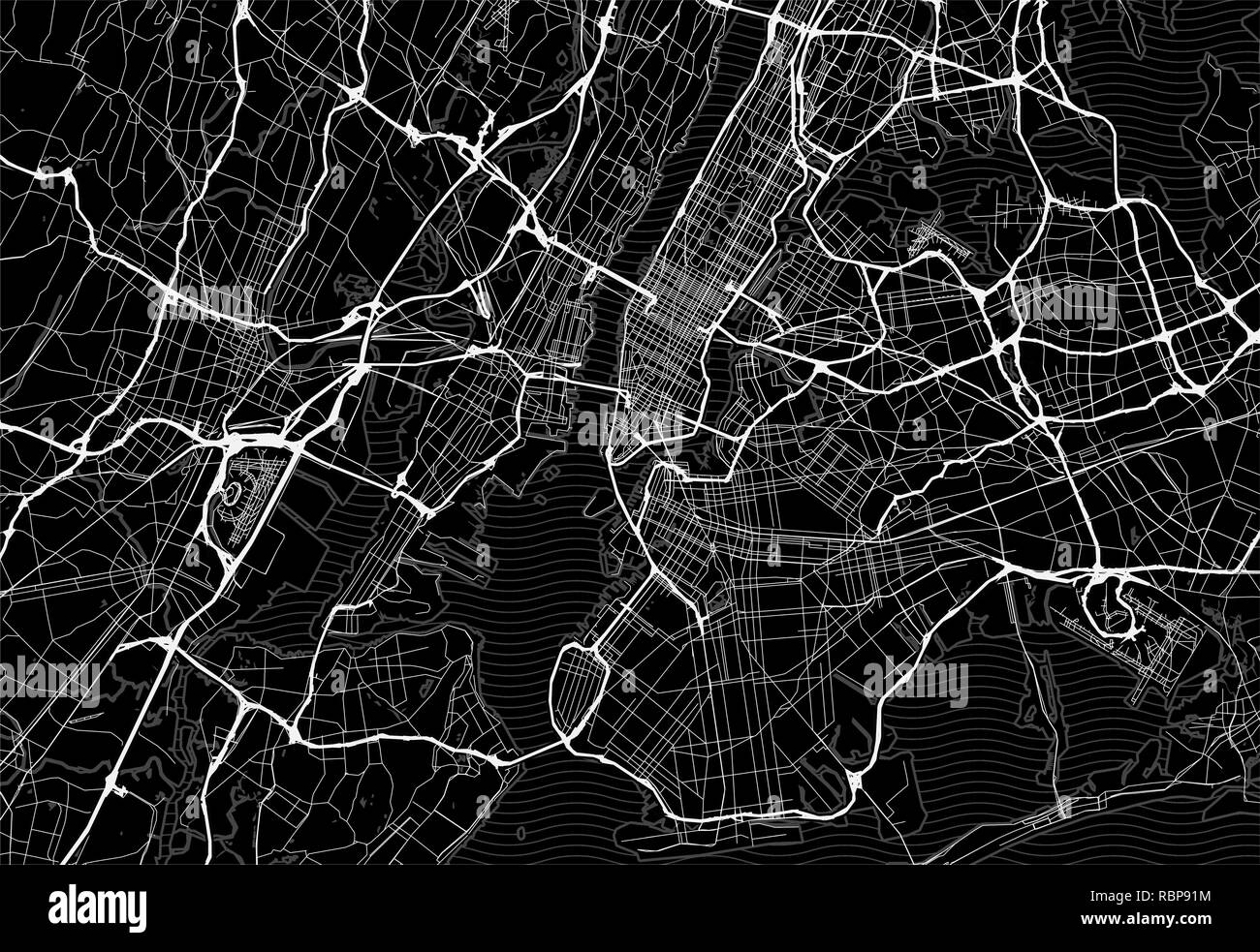Dark area map of New York City, United States. This artmap of New York ...