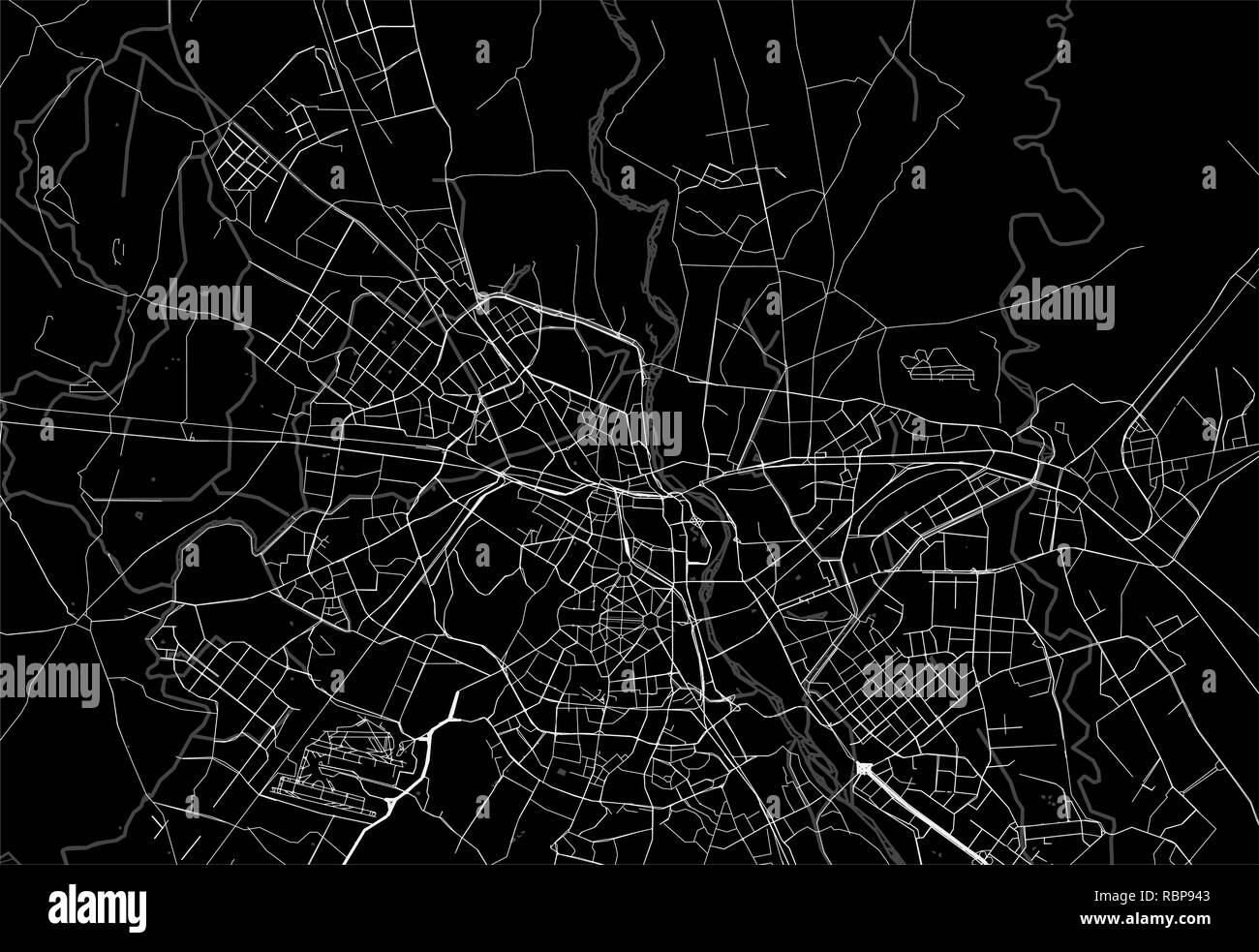 Dark area map of Delhi, India. This artmap of Delhi contains geography ...