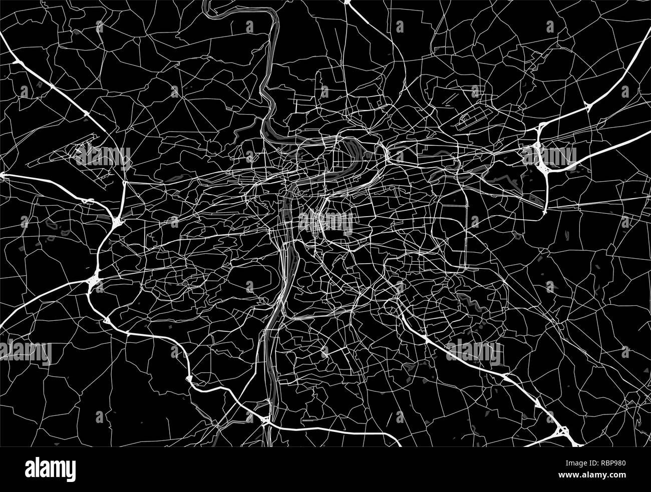 Dark area map of Prague, Czech Republic. This artmap of Prague contains ...