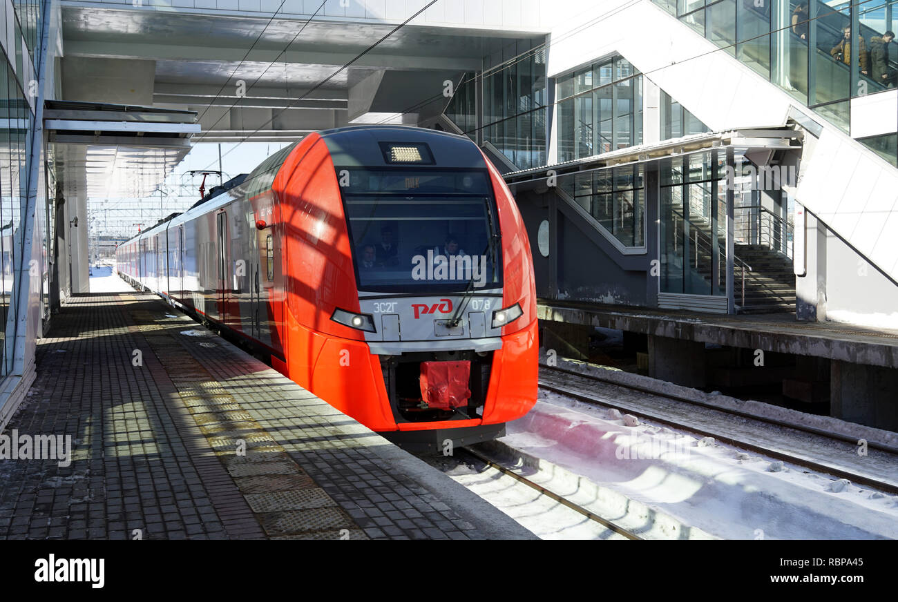 24 March 2018 Moscow, Russia The Lastochka train from perón's platform ...