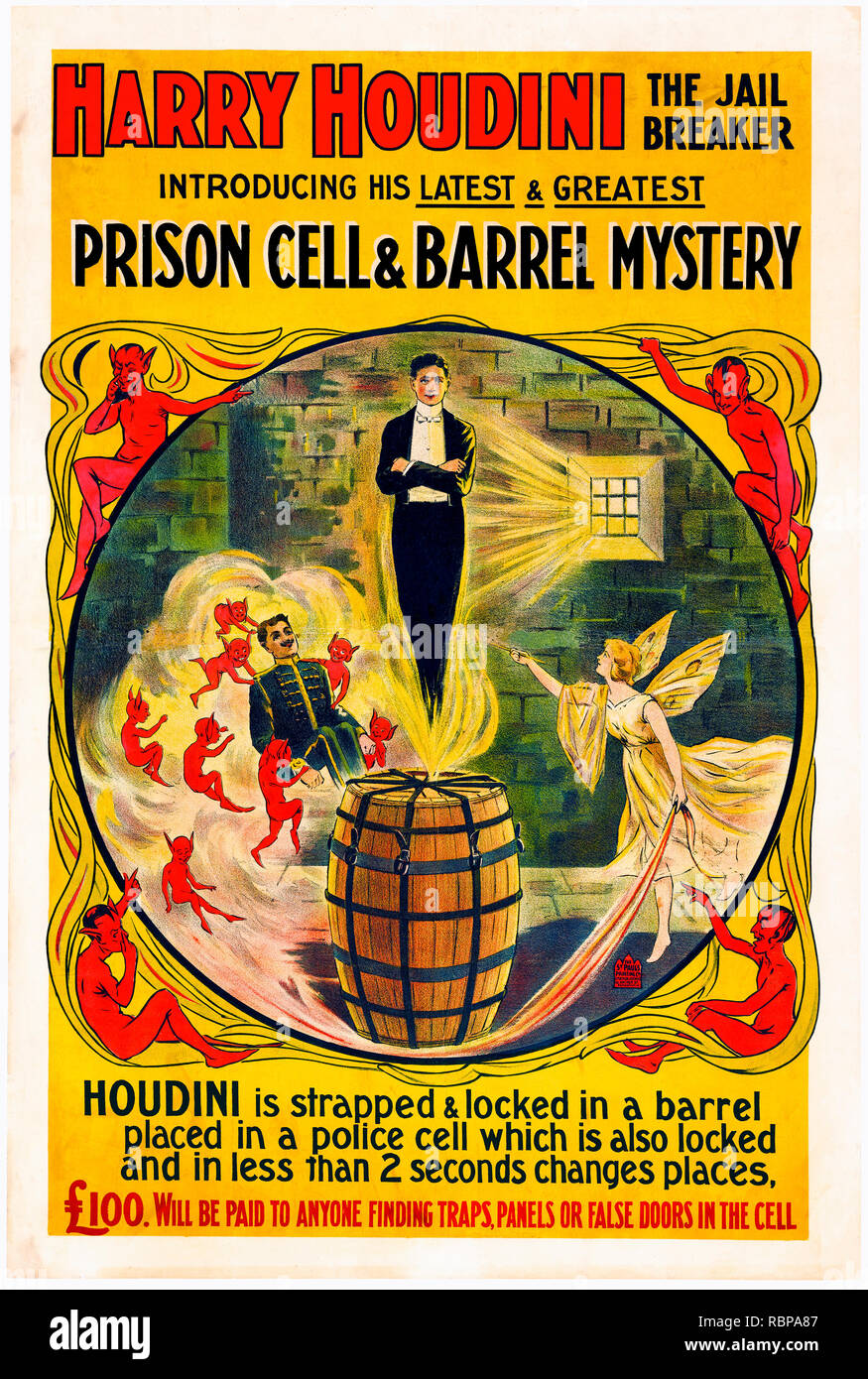 Houdini "The Jail Break" poster advertising his Prison Cell & Barrel ...