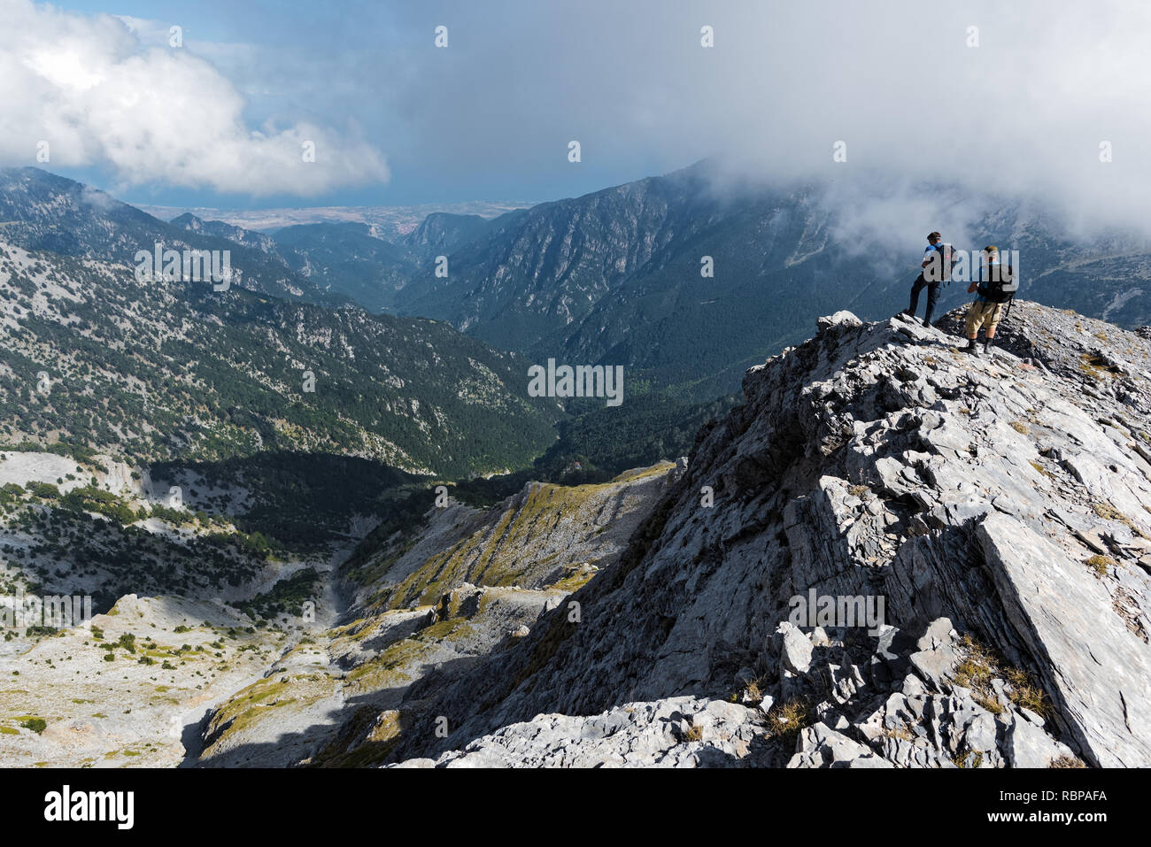 Distant view of Enipeas Gorge on Mount Olympus, the highest mountain of ...