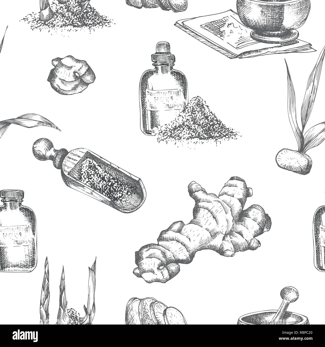 Seamless pattern hand drawn of Ginger roots, lives and flowers in black ...