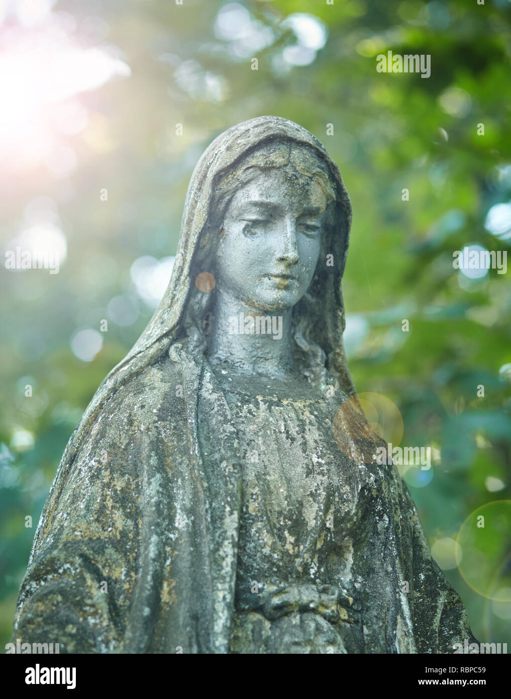 Statue of Mary Mother of God, at autumn tree backgroung. Religious ...