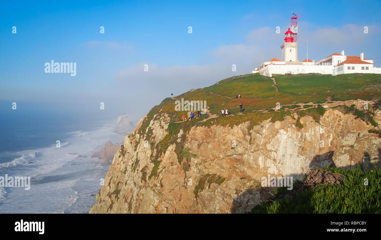 Cabo da Roca, Portugal. Lighthouse and cliffs over Atlantic Ocean, the ...