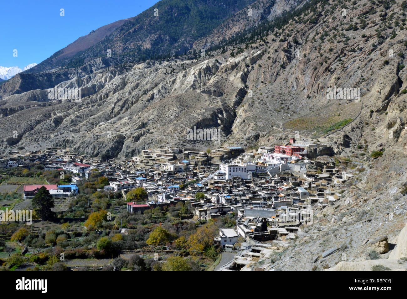 The village of Marpha on a hillside. on the Annapurna Circuit, Nepal ...