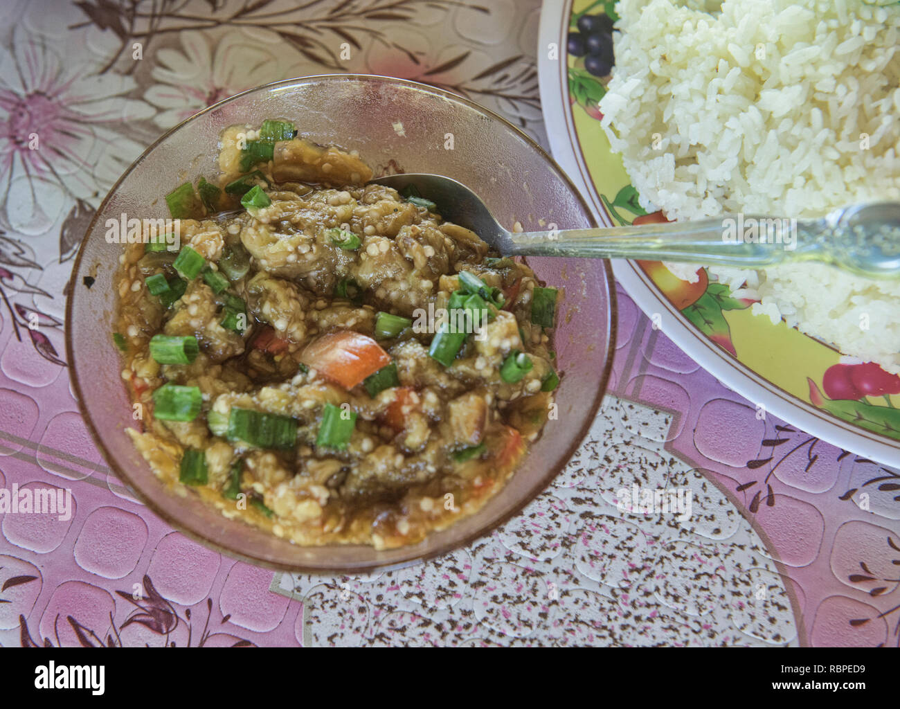 Typical Ilocano cuisine, grilled poqui poqui eggplant, Pagudpud, Luzon ...