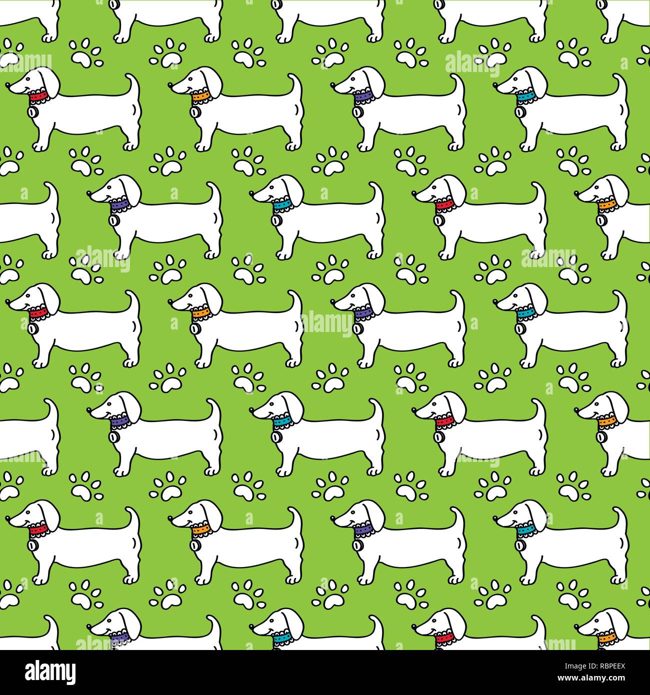 Seamless pattern - dog profile, paw trace isolated on green background ...