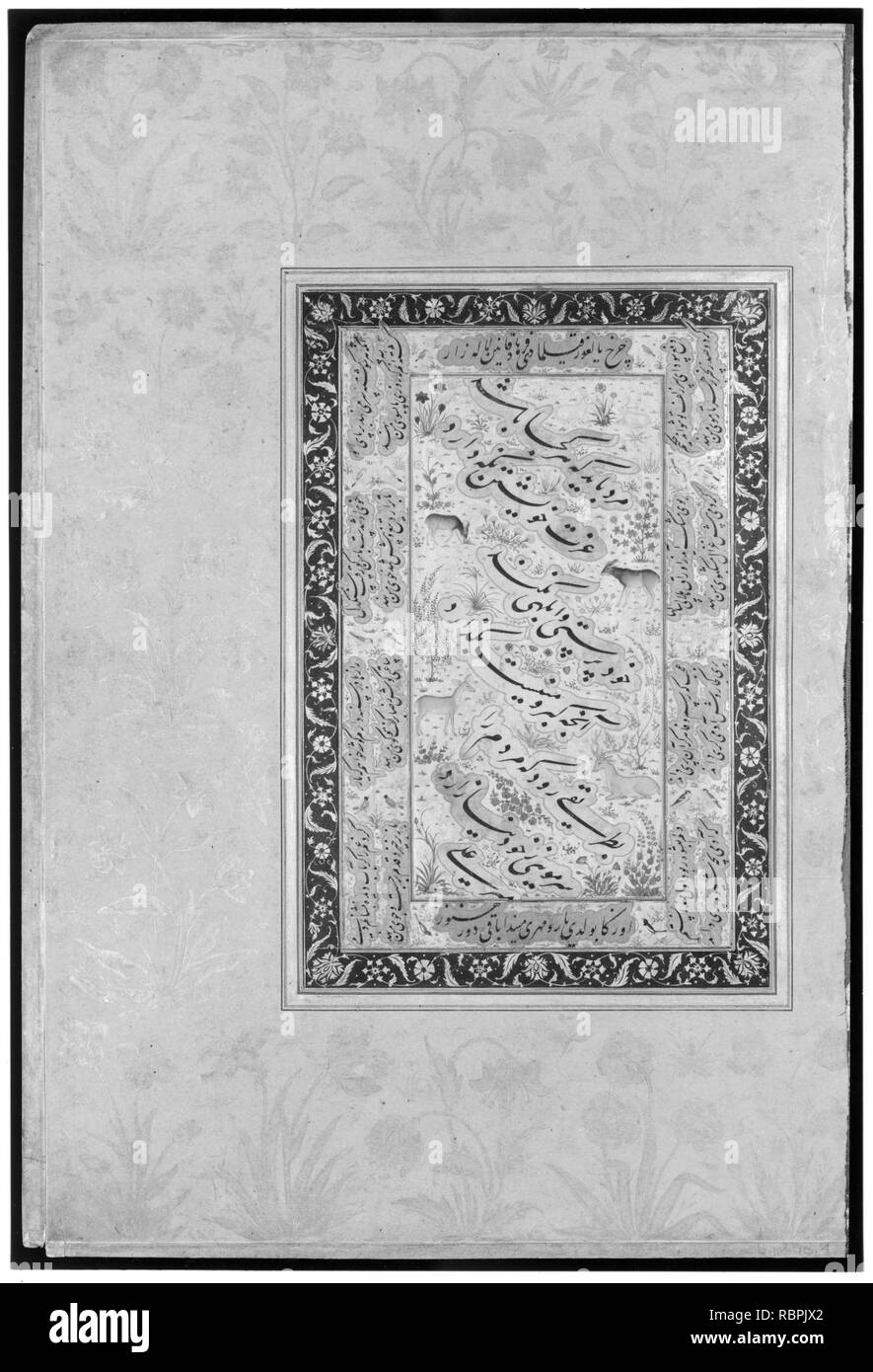 ‘Page of Calligraphy Illuminated with Animals and Plants in a Field of ...