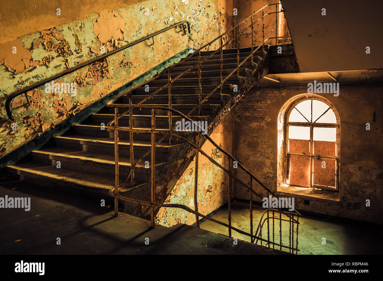 Dark interior inside abandoned old factory building Stock Photo - Alamy