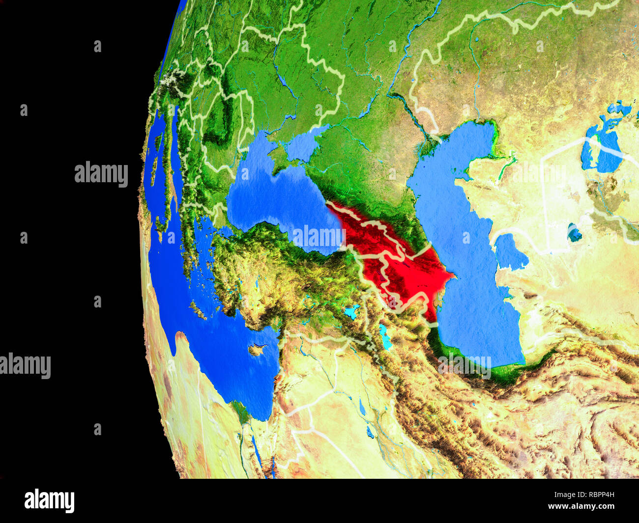 Caucasus region from space on realistic model of planet Earth with ...
