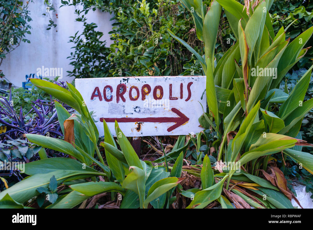 Acropolis hand drawn sign in Anafiotika alley, under Acropolis, Athens ...