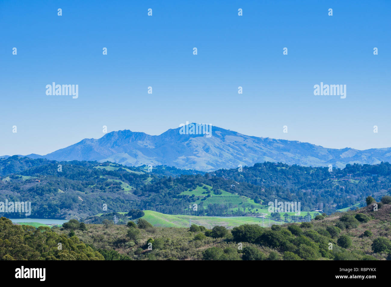 Hills and meadows in Wildcat Canyon Regional Park; San Pablo Reservoir ...